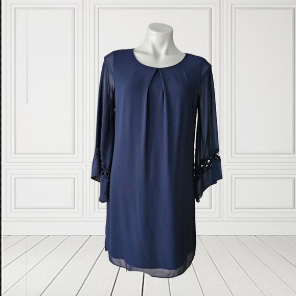 BCX | Dresses | Bcx Elegant Navy Blue Dress With Lace Sleeves | Poshmark